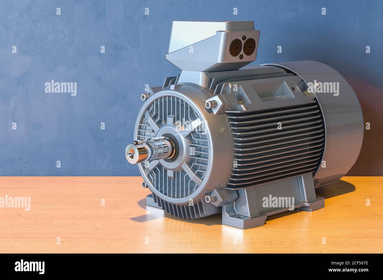 Industrial electric motor on the wooden table. 3D rendering Stock Photo ...