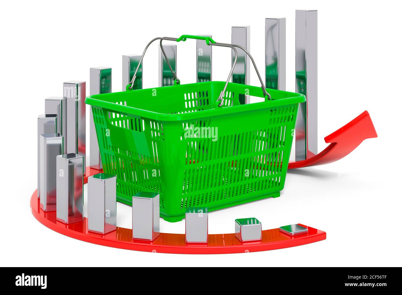 Shopping basket with growing chart and red arrow. 3D rendering isolated ...