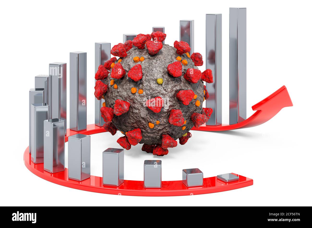 Virus with growing chart and red arrow. 3D rendering isolated on white ...