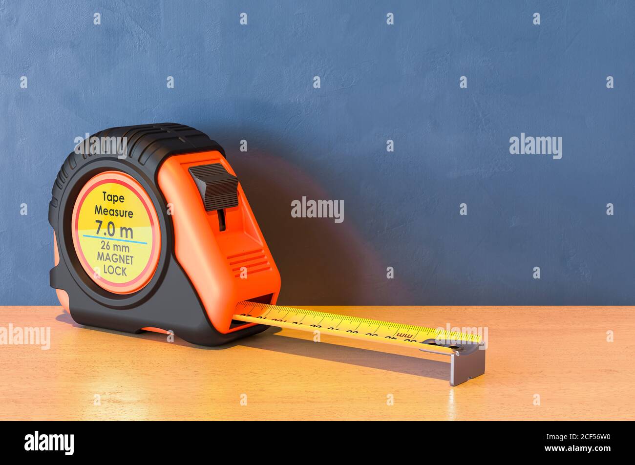 Tape Measure on the wooden table. 3D rendering Stock Photo - Alamy