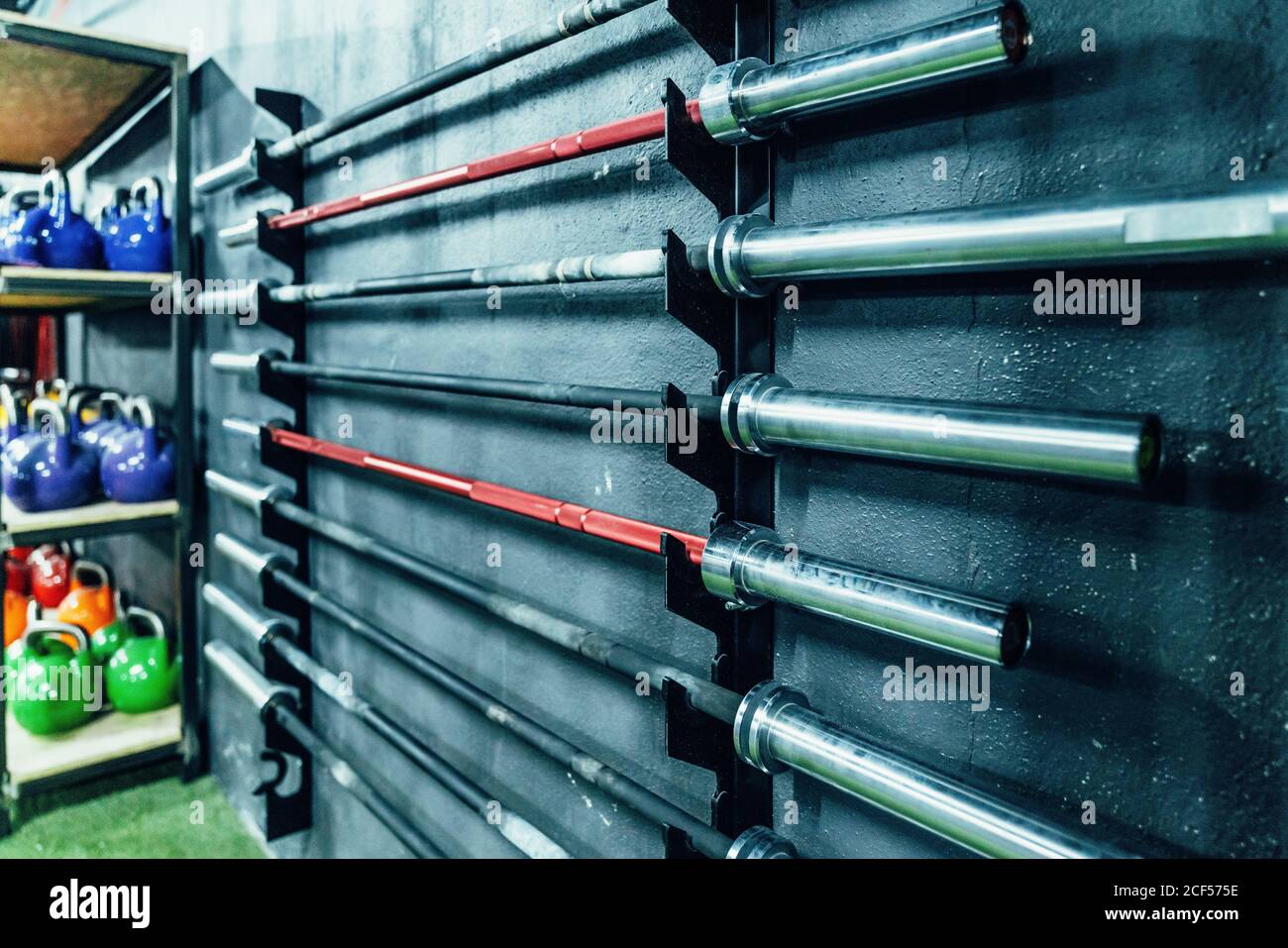 Set of barbells fixed to wall in contemporary health club Stock Photo ...