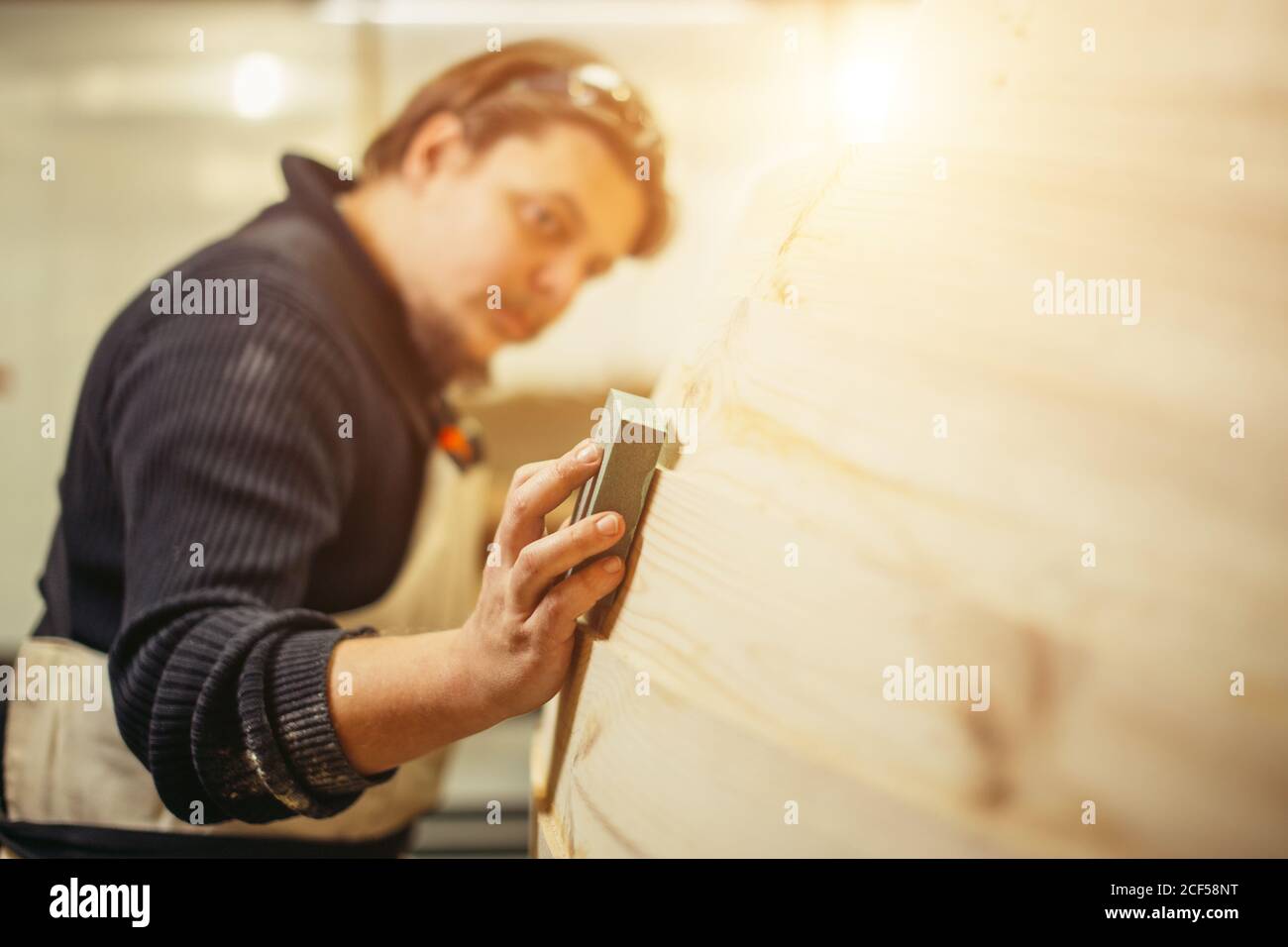 profession, carpentry, woodwork and people concept - carpenter testing ...