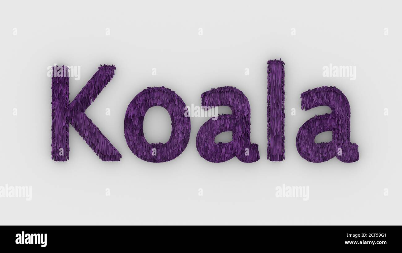 Koala - 3d word purple on white background. render of furry letters ...