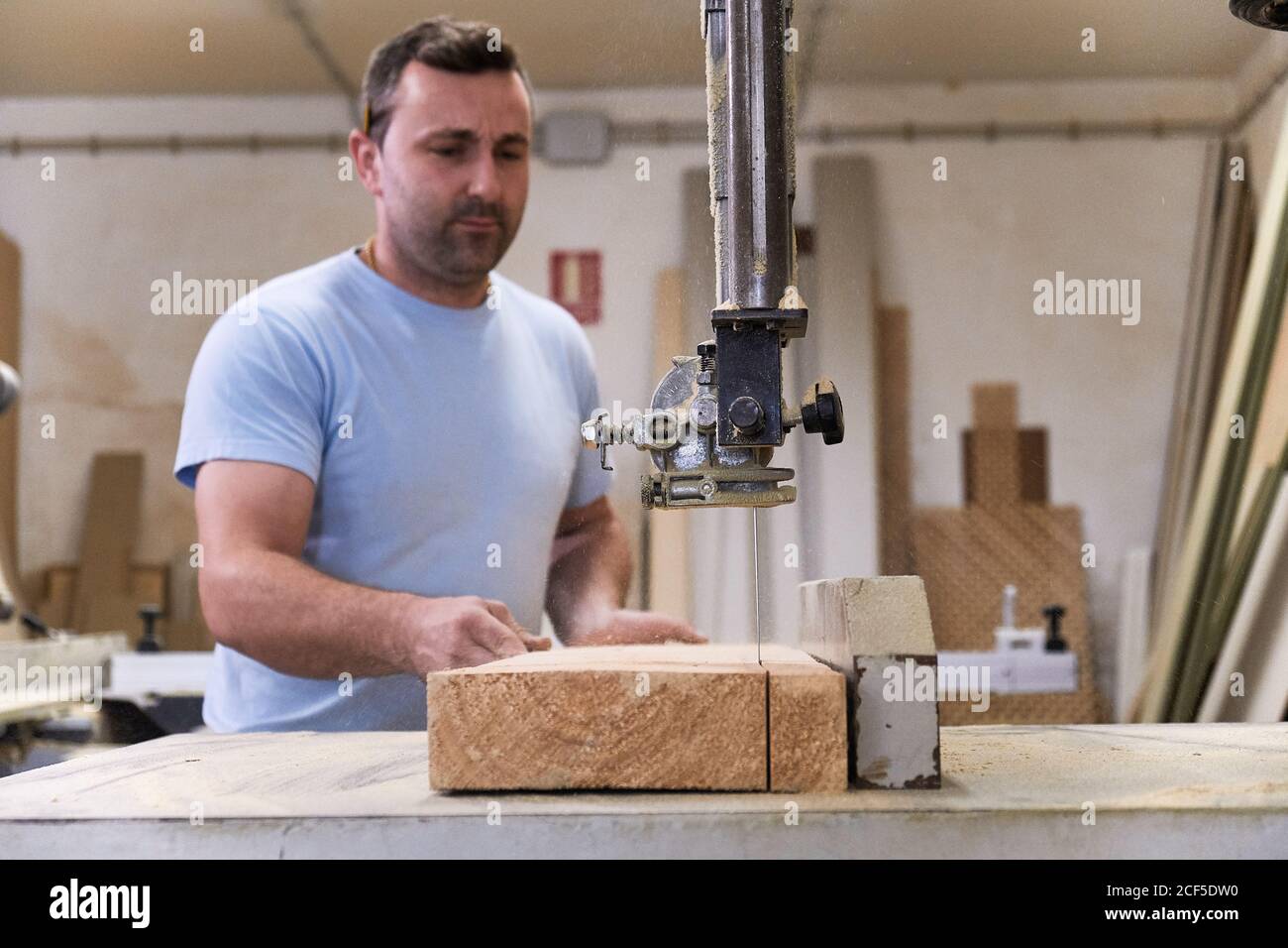 Low angle of male woodworker in casual clothes focusing and cutting ...