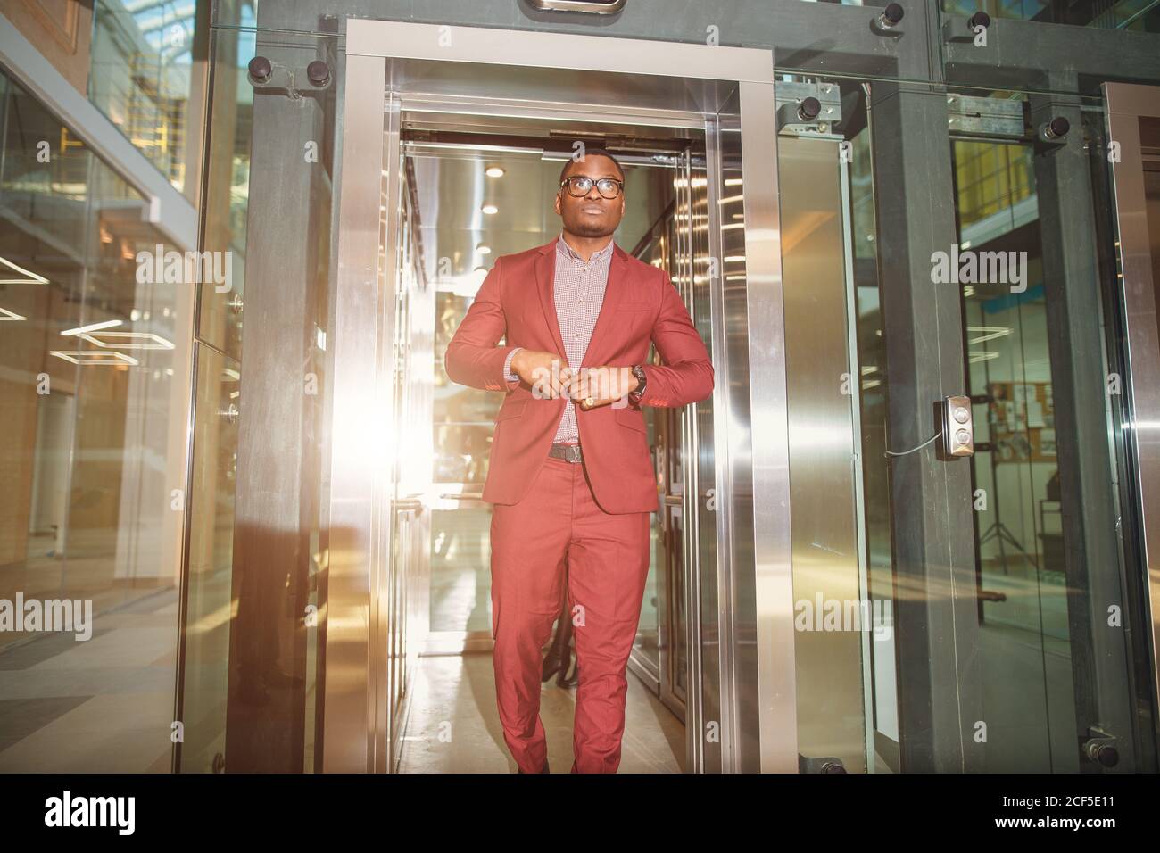Business team group exit on elevator. Business people in a large glass ...