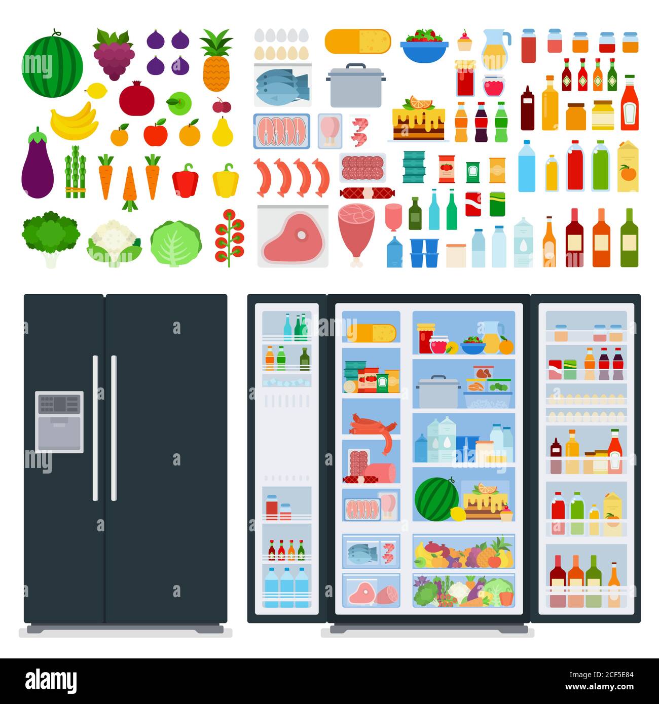 Illustration of a variety of foods and a black refrigerator vector flat ...