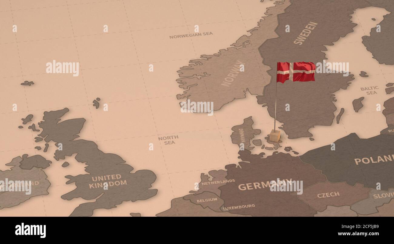 Flag on the map of Denmark. Vintage Map and Flag of European Countries ...