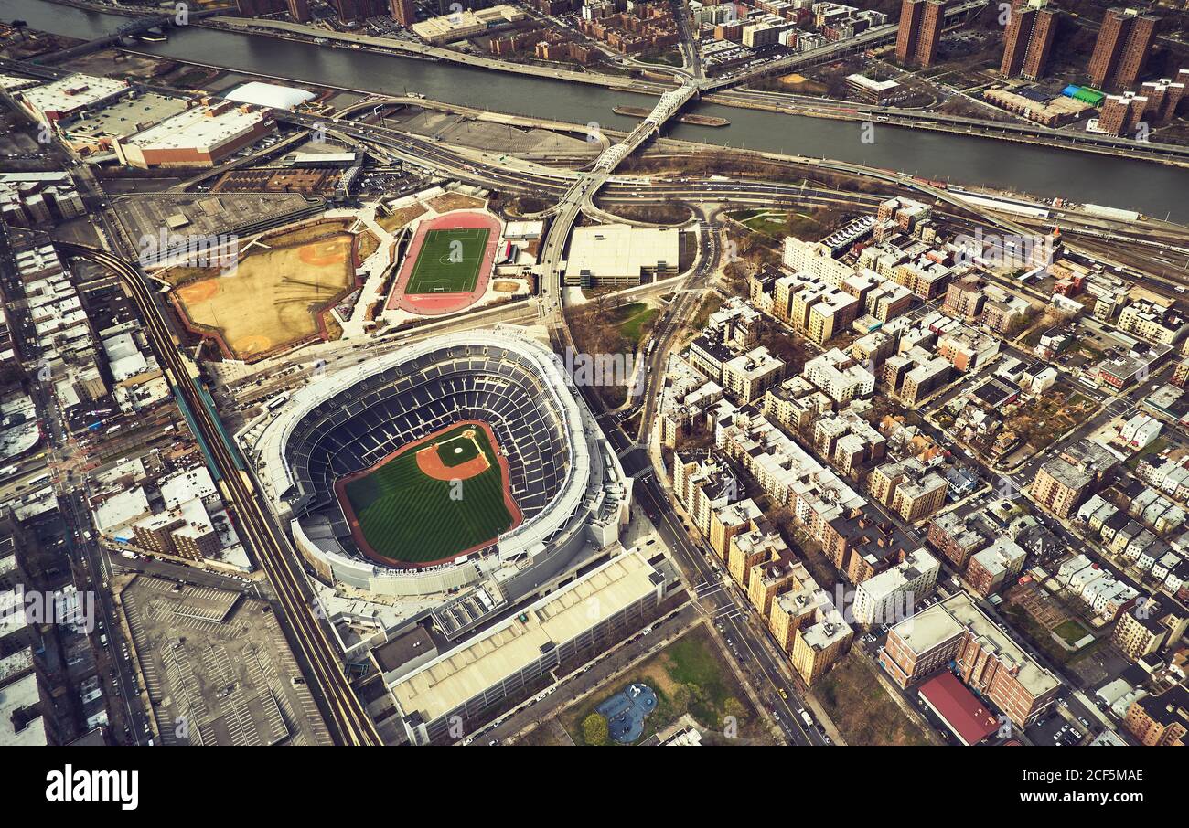 From above drone view of modern baseball stadium located near ...