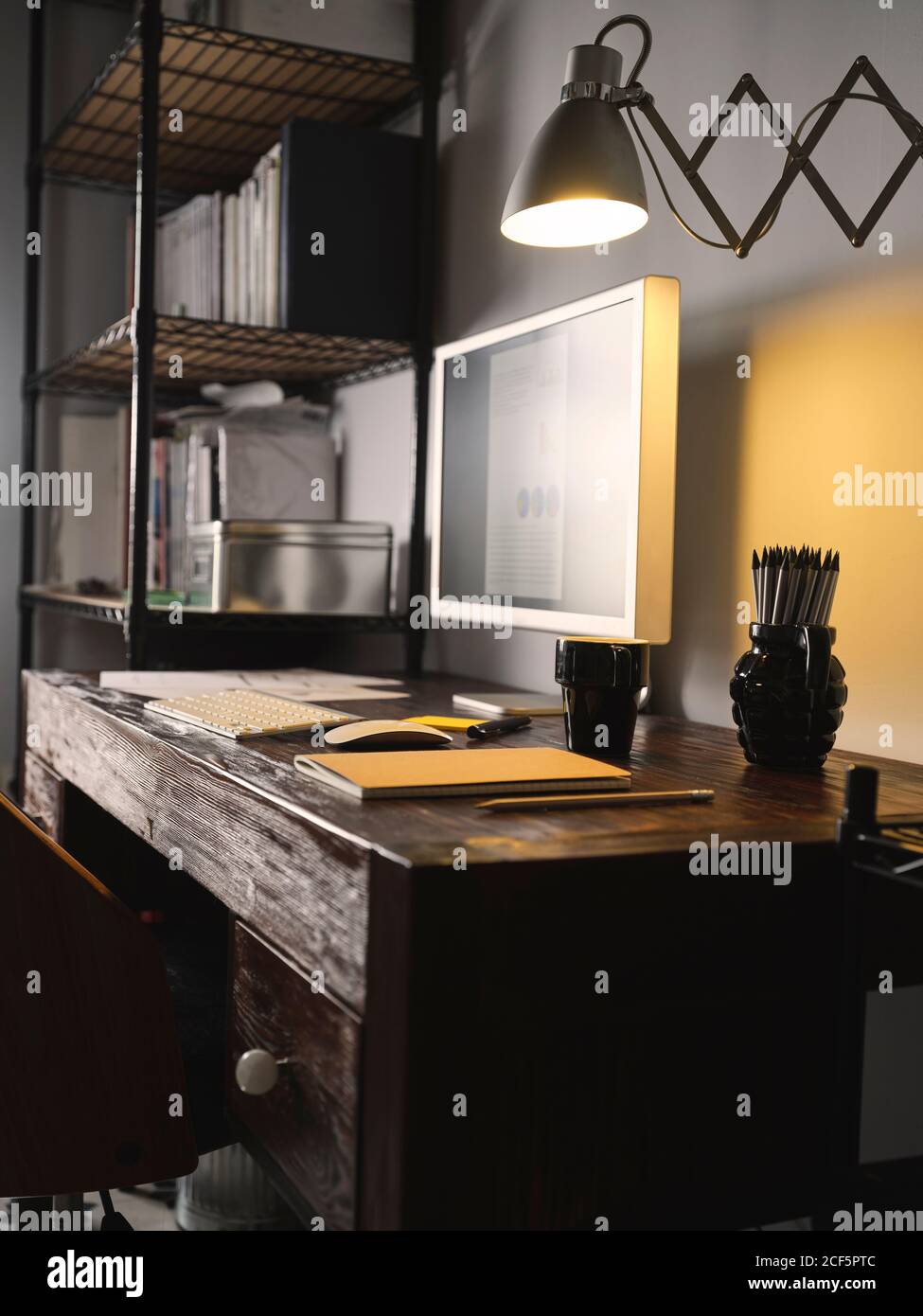 home desk with computer with keyboard, mouse, notes, statistics pen and ...