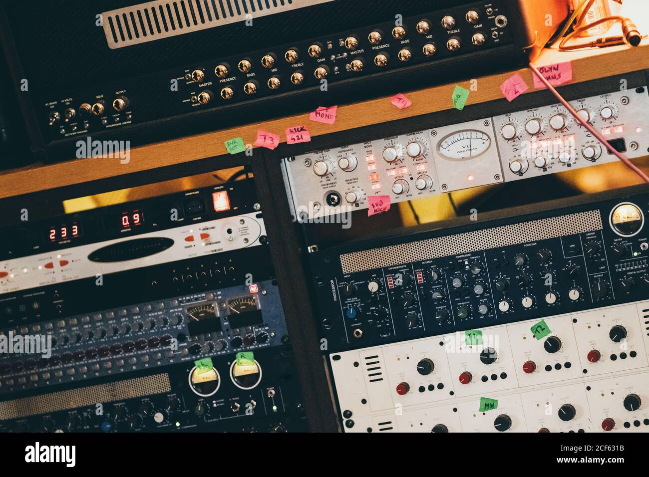 Music equalizer instrument in a studio with sticking notes Stock Photo ...