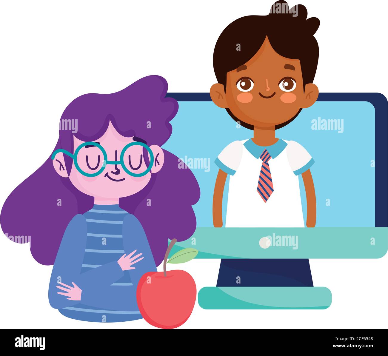 happy teachers day, teacher and student boy in video computer and apple ...