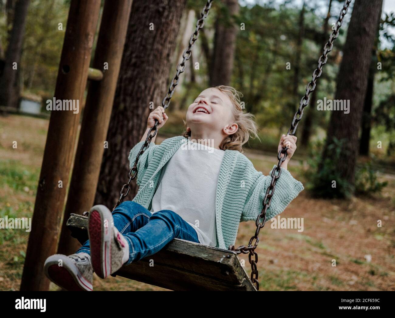 Positive happy child sitting on swings between trees in forest Stock ...