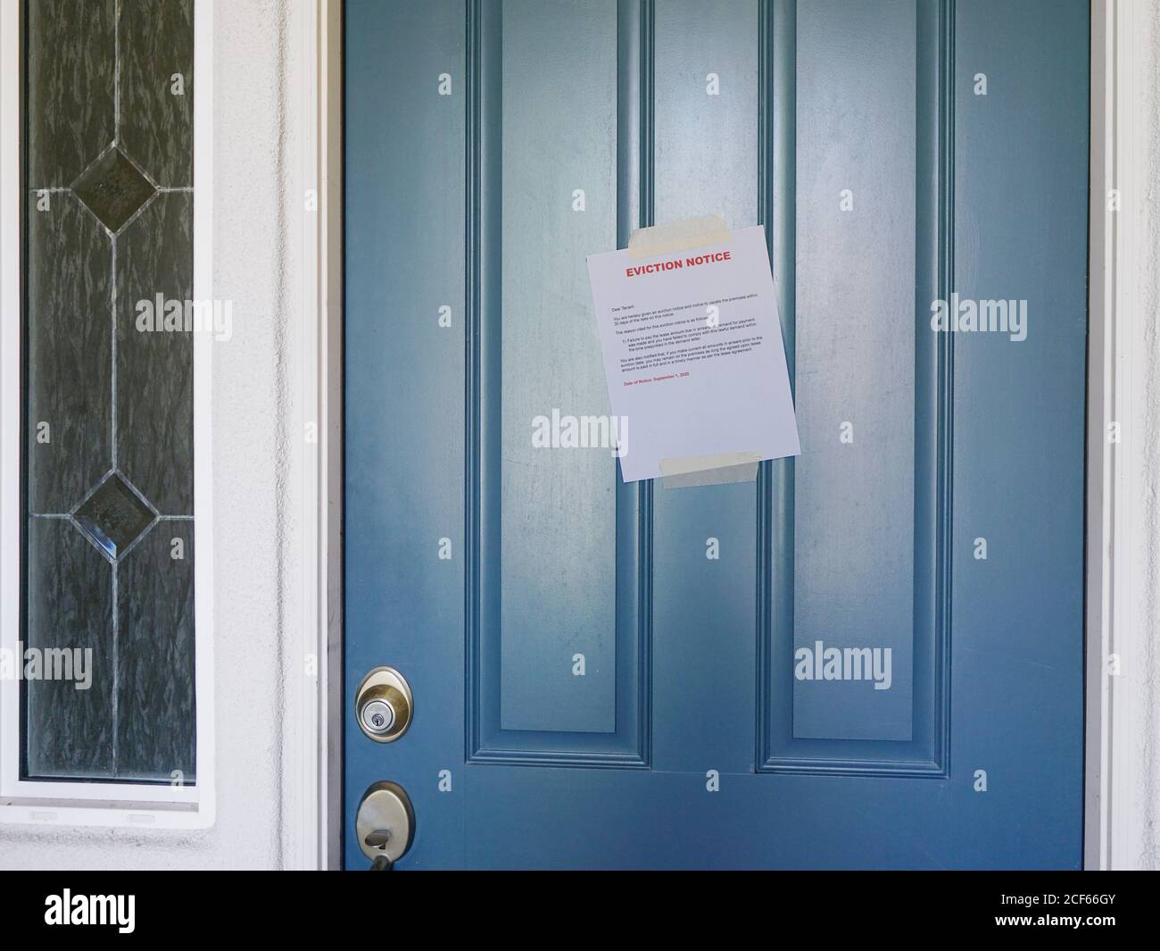Wide ange view of Eviction Notice on door of home focus of sign Stock ...