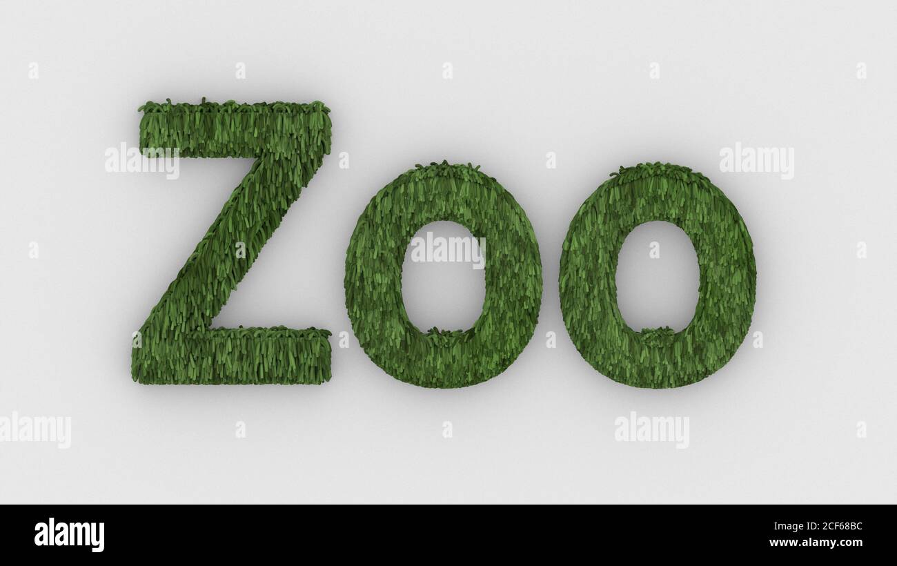 Zoo - 3d word green on white background. grass render furry letters ...