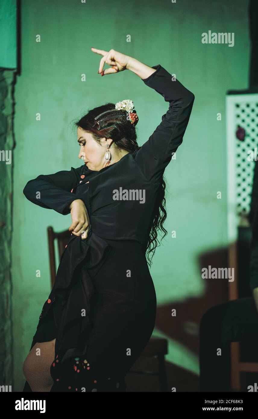 Hispanic female flamenco dancer acting on theater stage Stock Photo - Alamy
