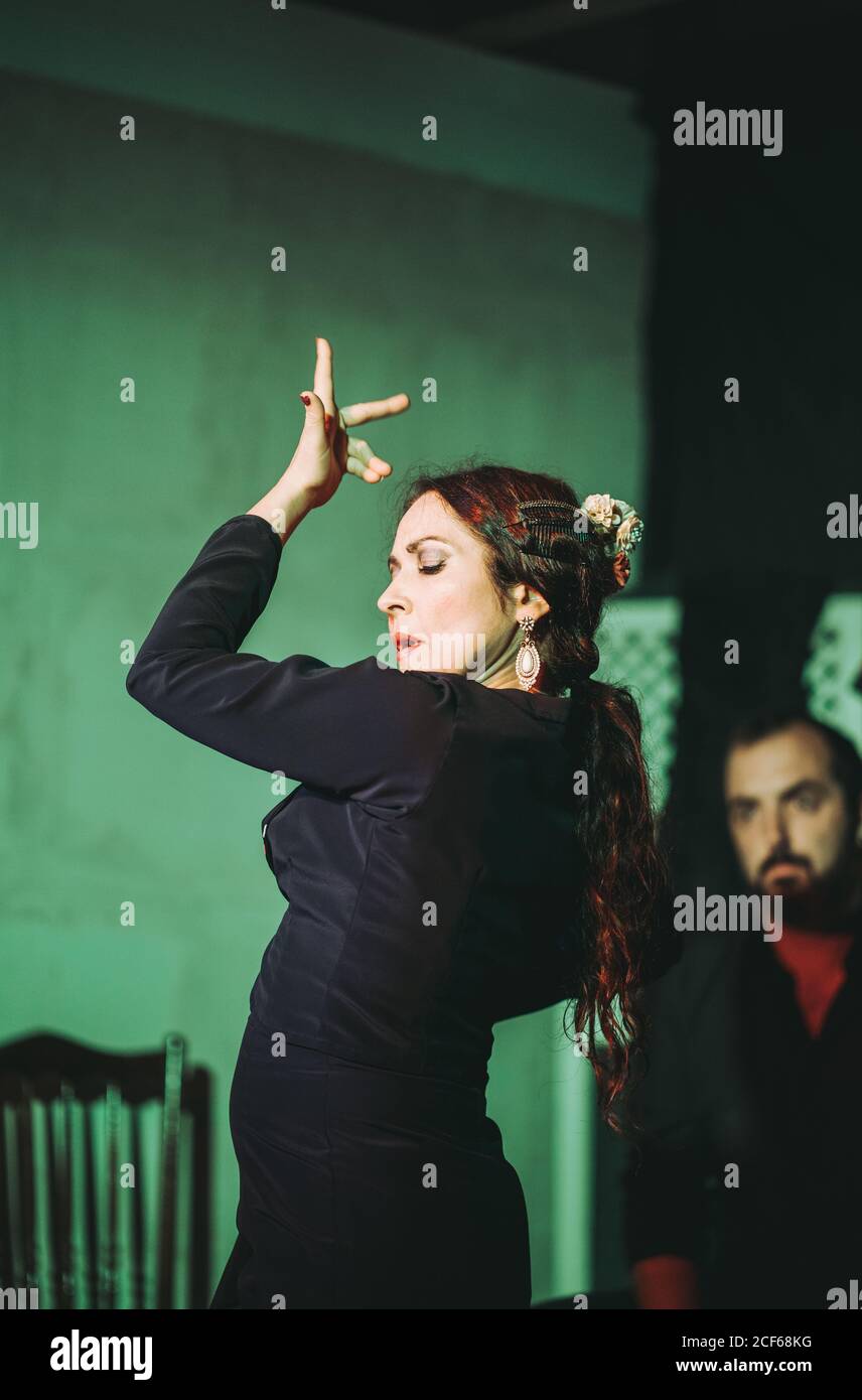 Hispanic female flamenco dancer acting on theater stage Stock Photo - Alamy