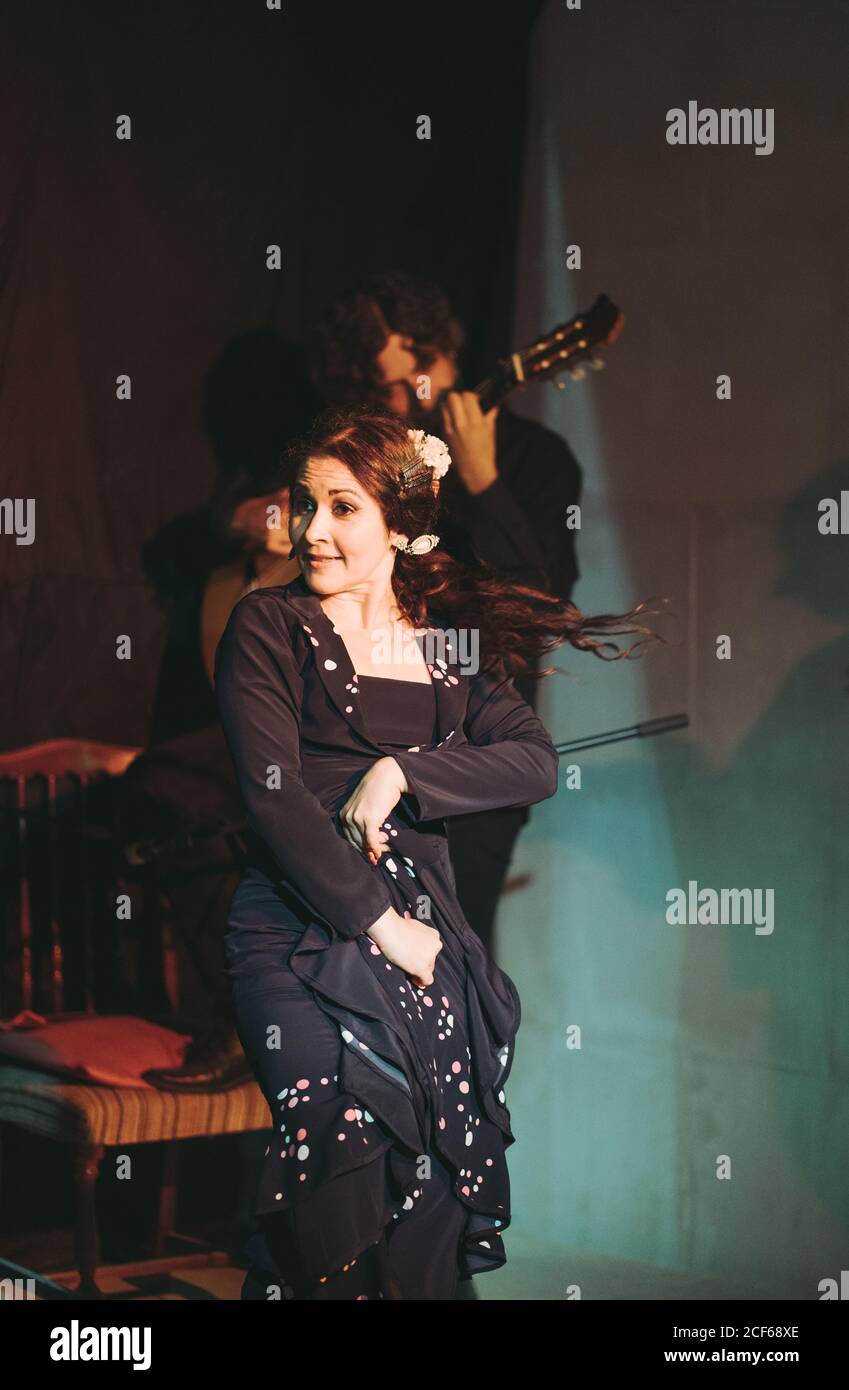 Hispanic artists giving flamenco performance on theater stage Stock ...