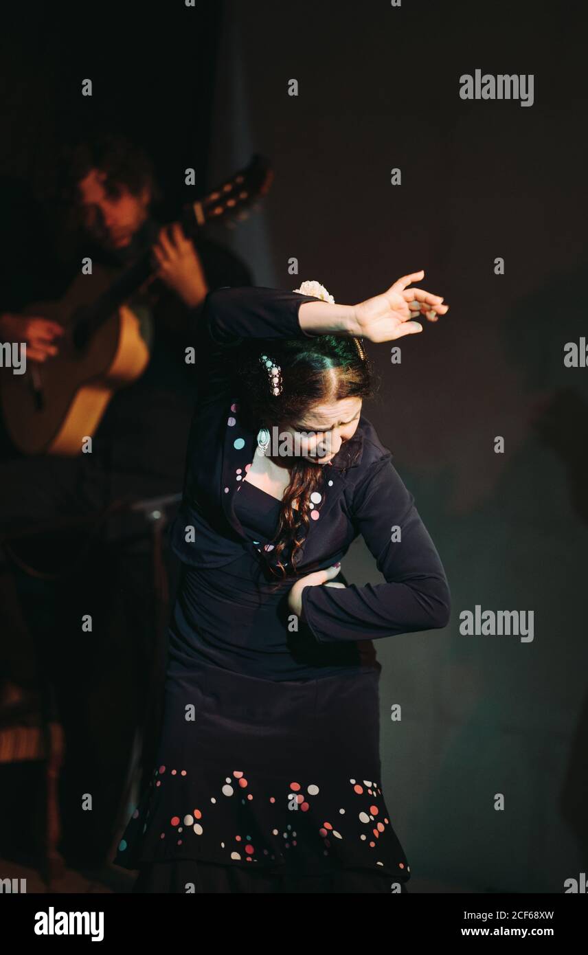 Hispanic artists giving flamenco performance on theater stage Stock ...