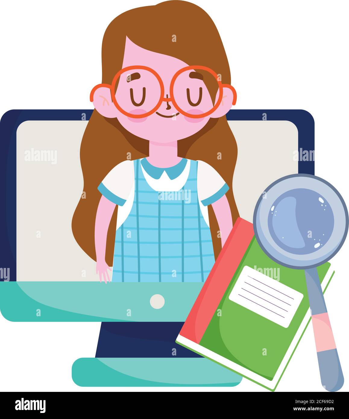 happy teachers day, student girl computer book and magnifier vector ...