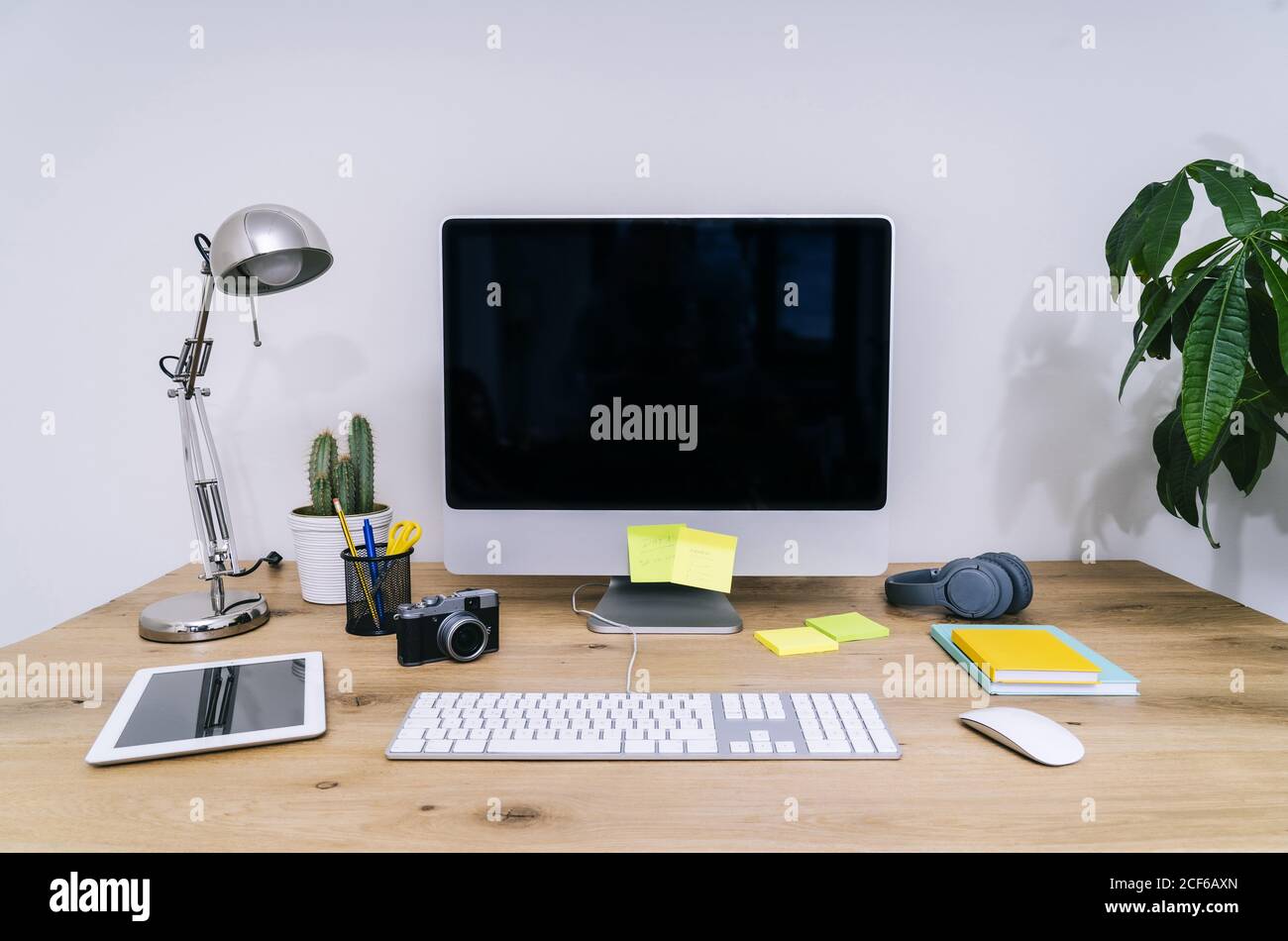 Modern creative home office workspace with computer, lamp and plants ...