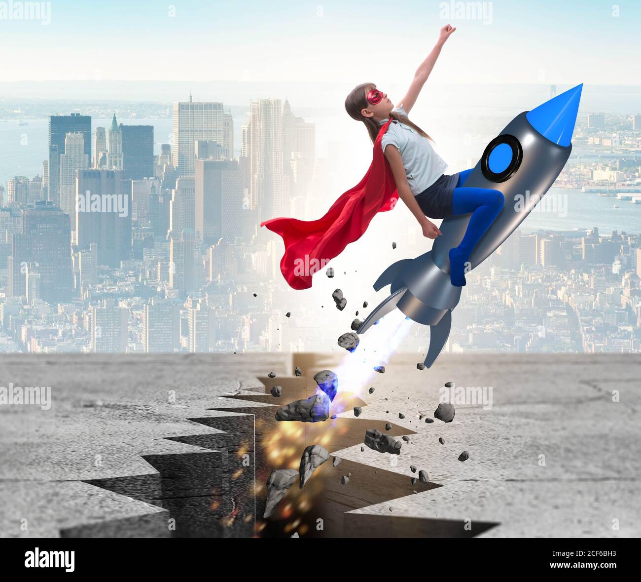 The superhero kid flying on rocket Stock Photo - Alamy