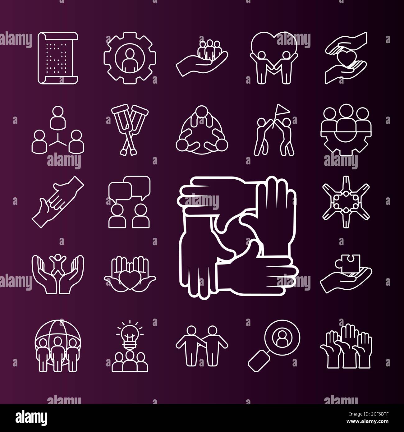 pictogram people and inclusion icon set over purple background, line ...