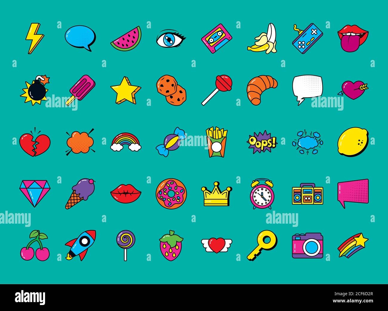 icon set of pop art elements over turquoise background, line and fill ...