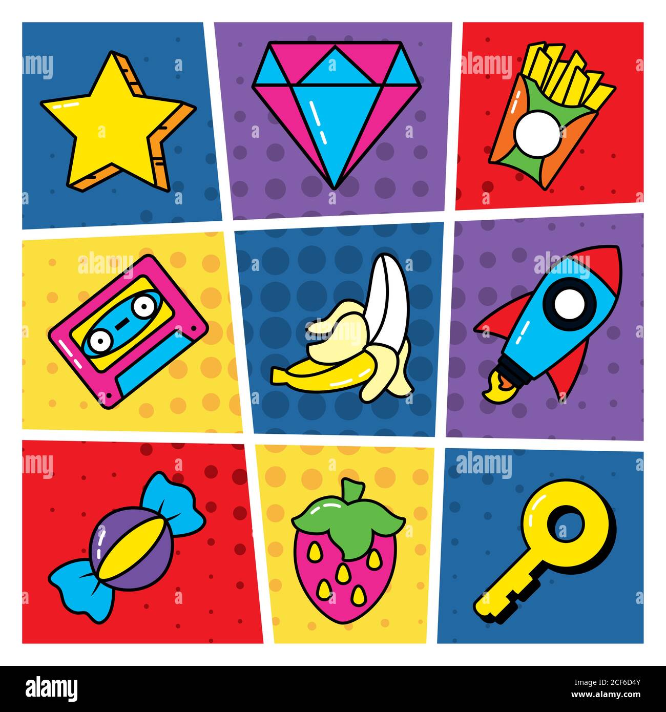 icon set of diamond and pop art elements over white background, line ...