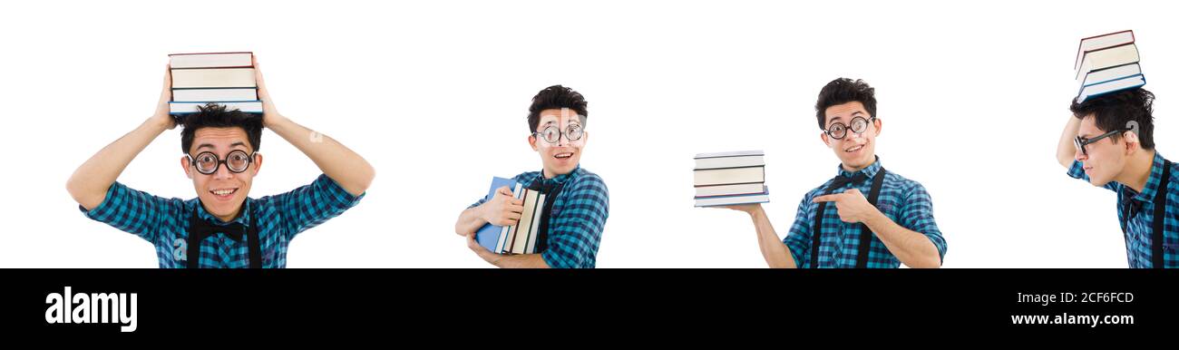 The funny student with stack of books Stock Photo - Alamy
