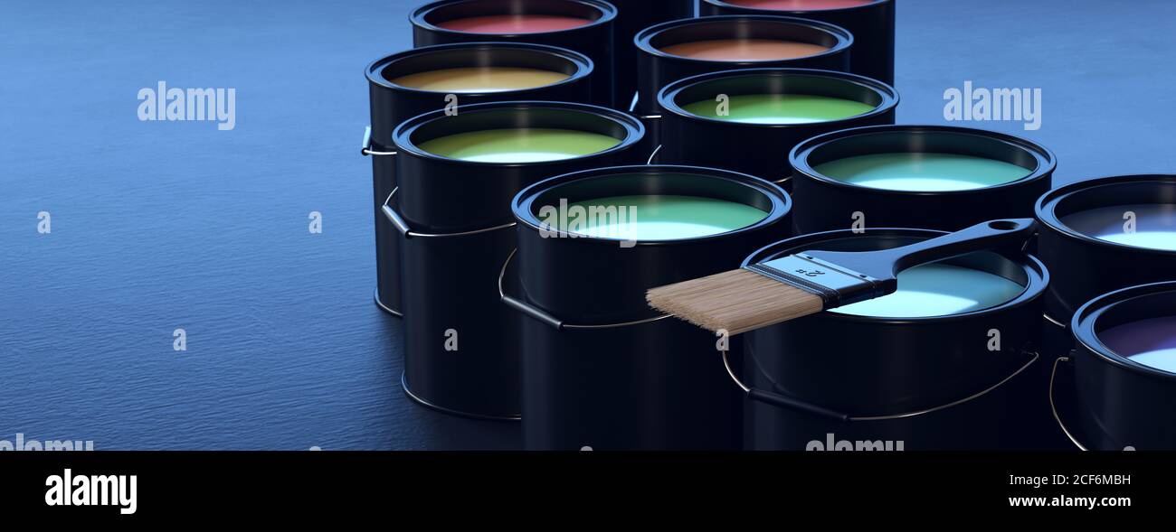 Paint cans with intense colors. Dark background Stock Photo - Alamy