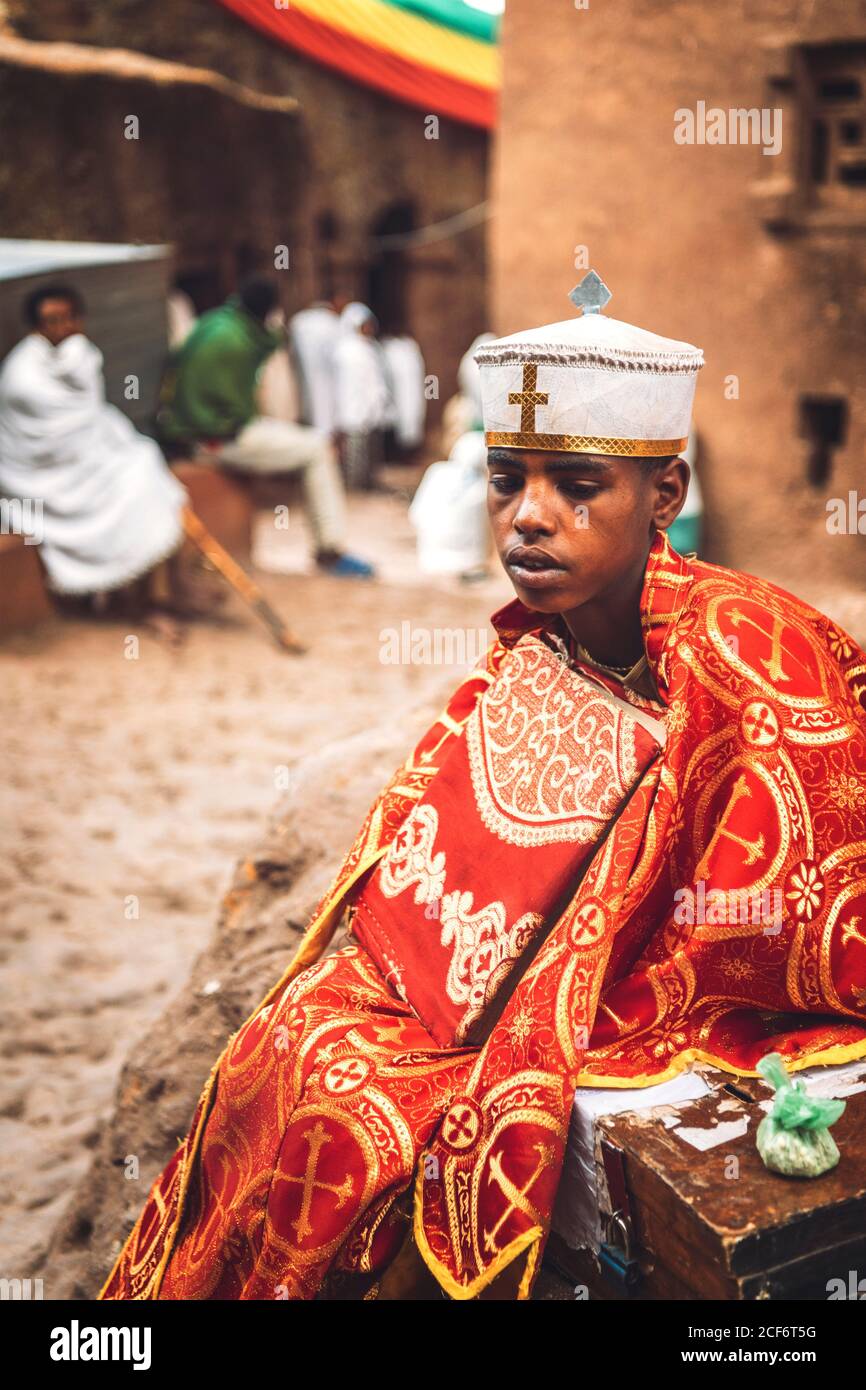 Lalibela, Ethiopia - November 04, 2018: Young black man wearing cloak ...