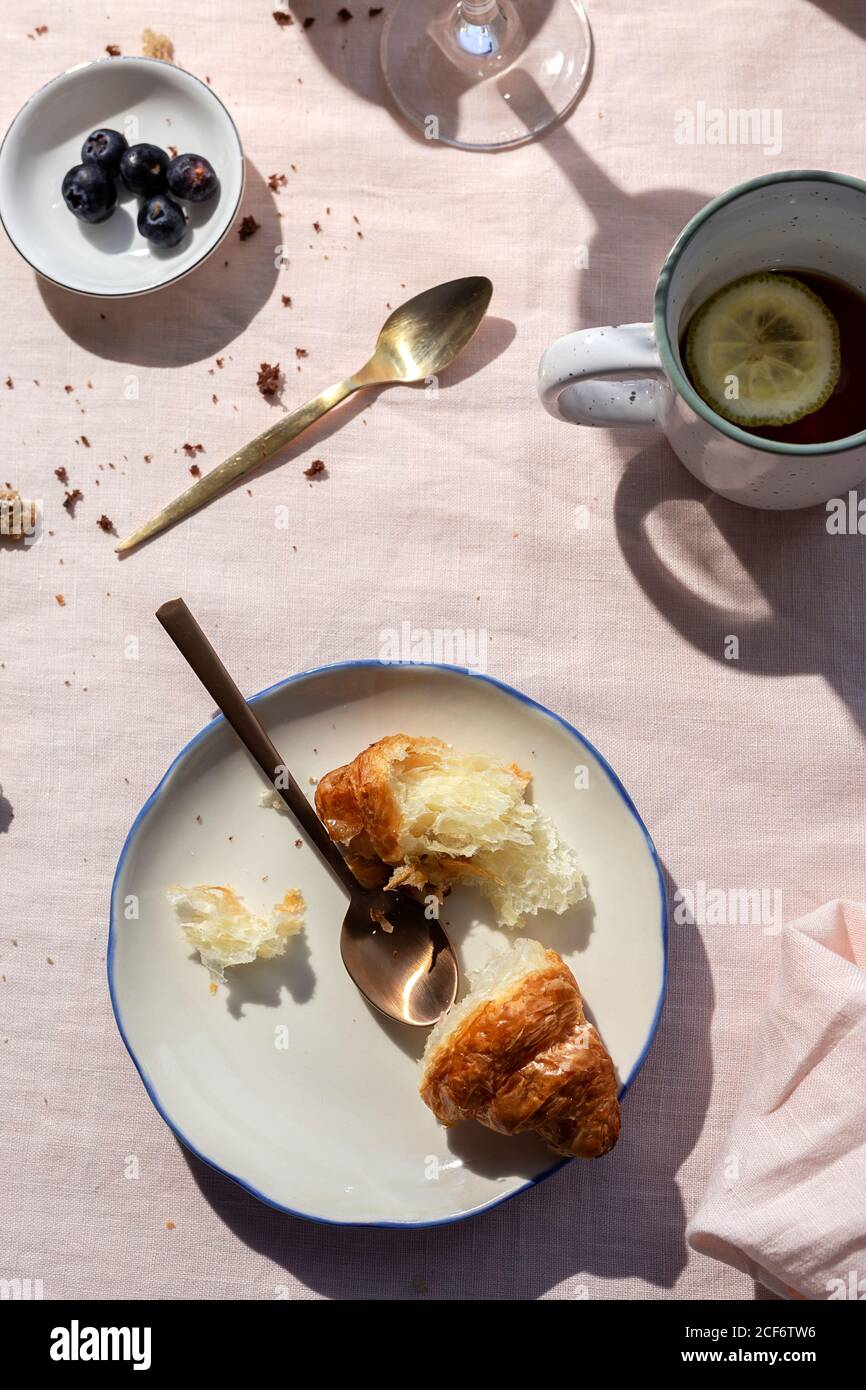 From above top view of homemade full brunch breakfast in sunlight with ...
