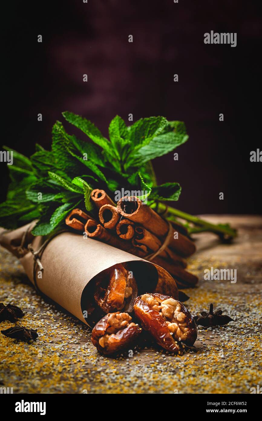 Dates fruits with walnuts, mint and cinnamon muslim halal snack for ...