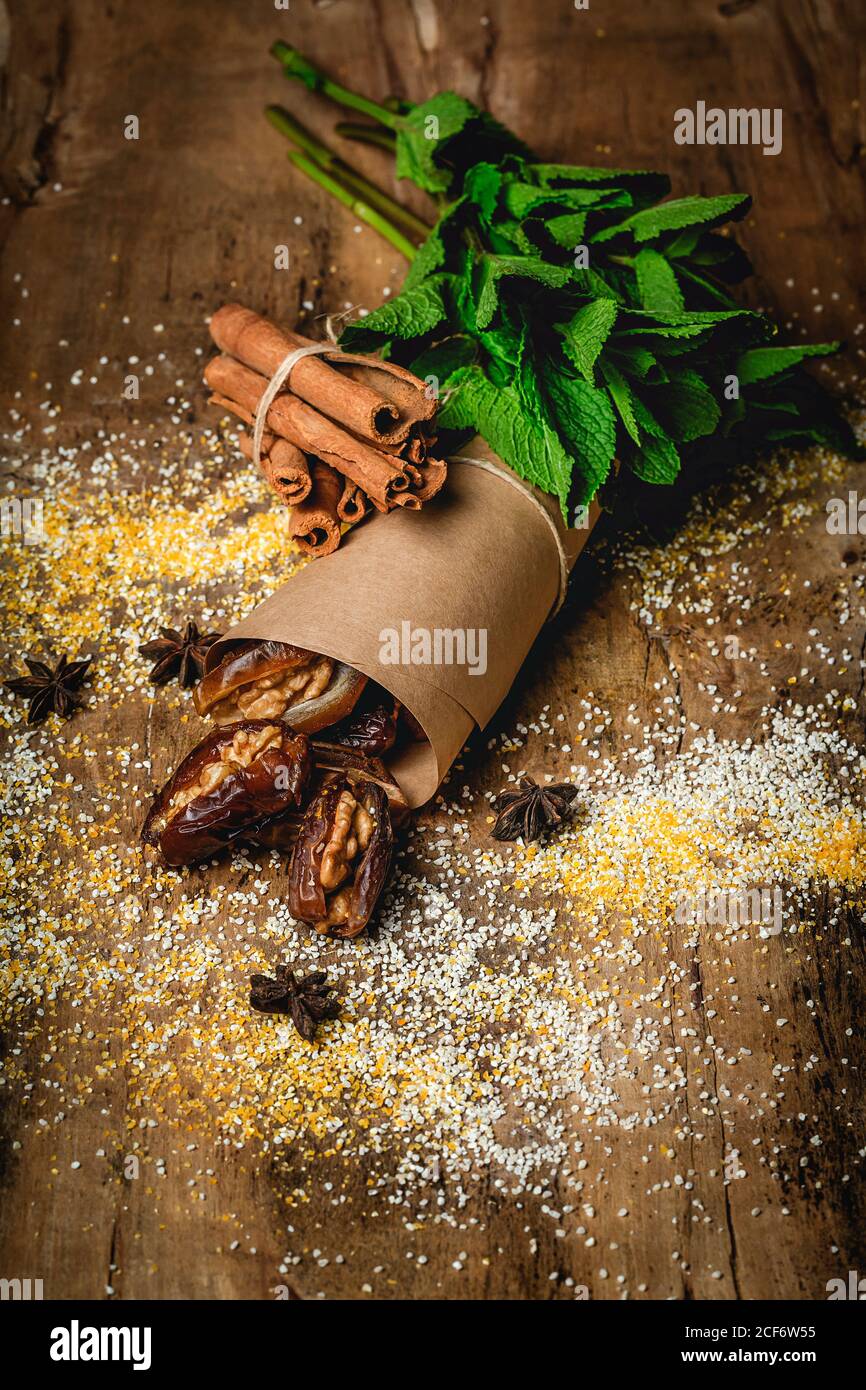 Dates fruits with walnuts, mint and cinnamon muslim halal snack for ...