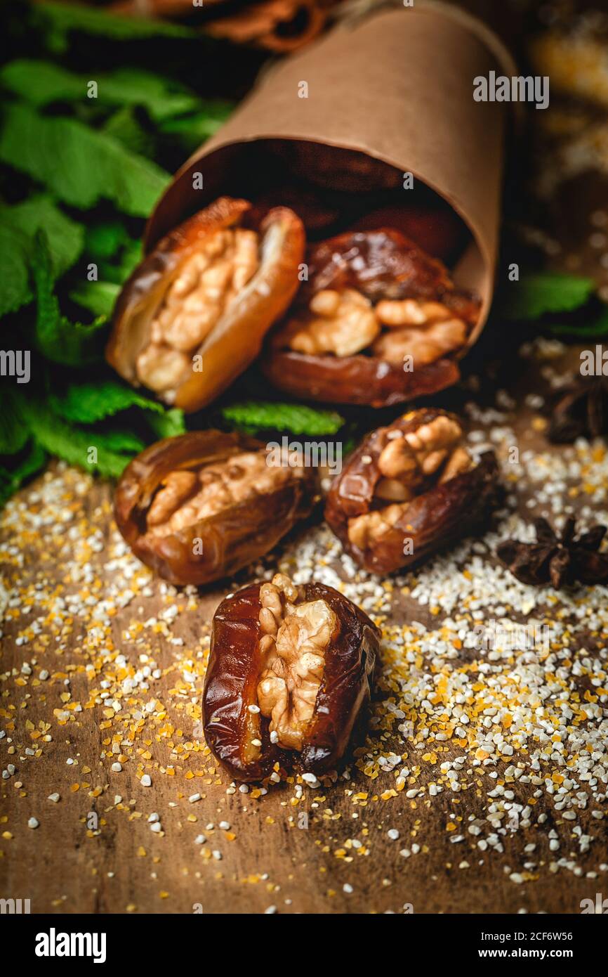 Dates fruits with walnuts, mint and cinnamon muslim halal snack for ...