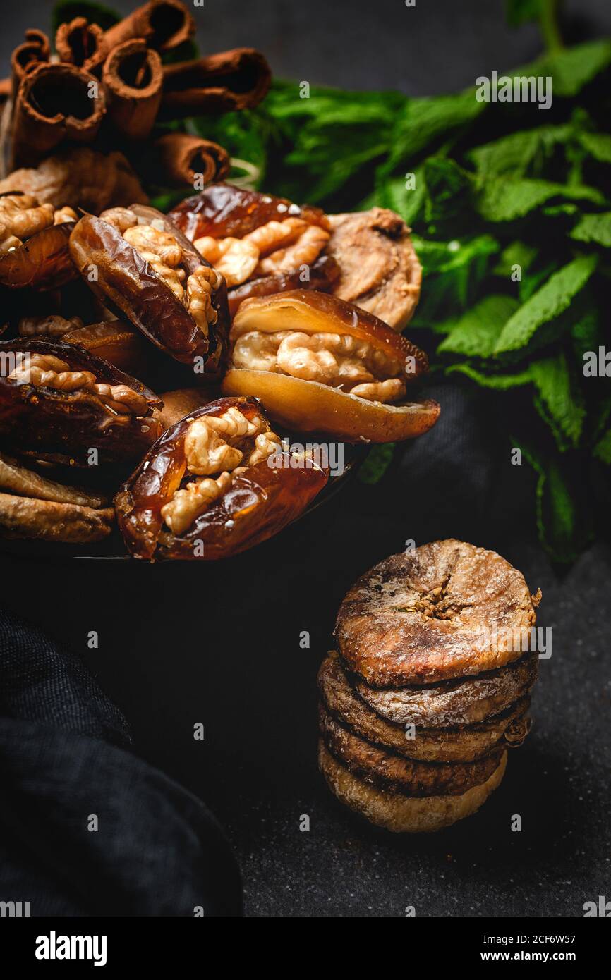 Dates fruits and dried figs with walnuts, mint and cinnamon muslim ...