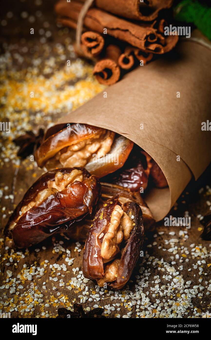 Dates fruits with walnuts, mint and cinnamon muslim halal snack for ...