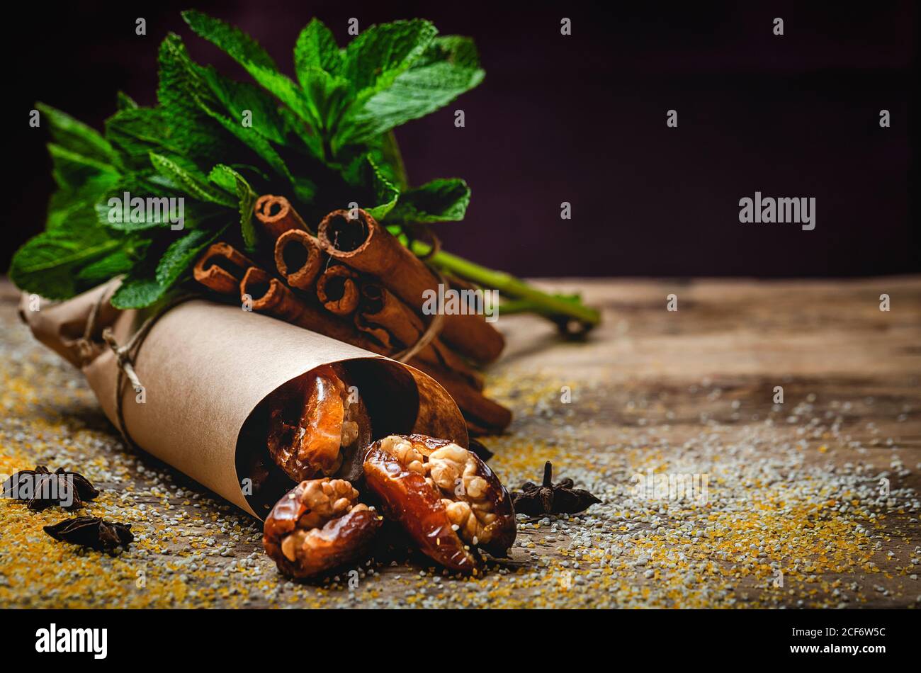 Dates fruits with walnuts, mint and cinnamon muslim halal snack for ...