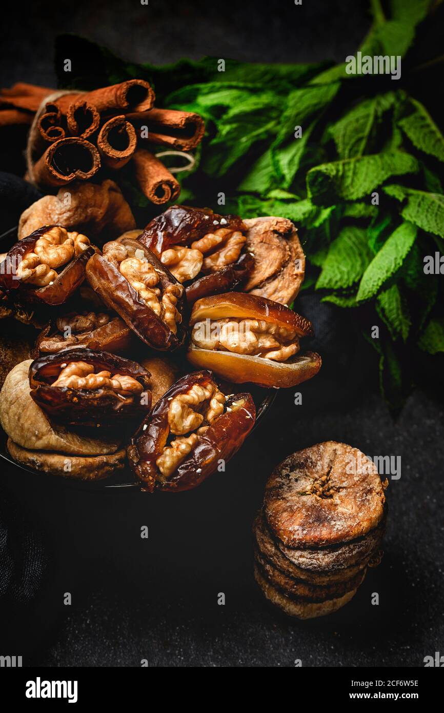 Dates fruits and dried figs with walnuts, mint and cinnamon muslim ...