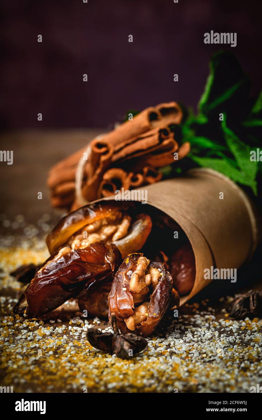 Dates fruits with walnuts, mint and cinnamon muslim halal snack for ...