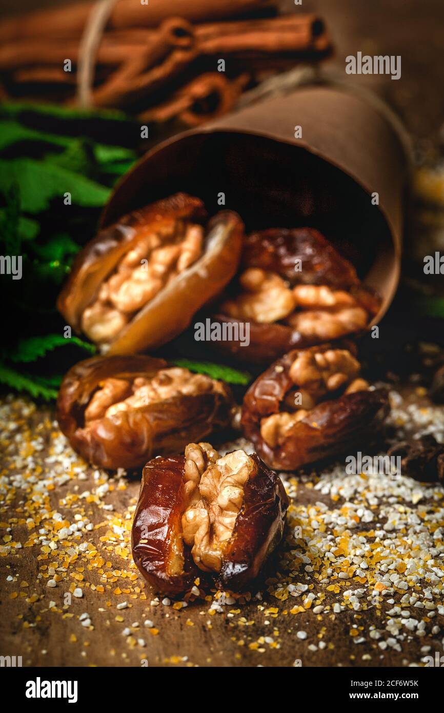 Dates fruits with walnuts, mint and cinnamon muslim halal snack for ...