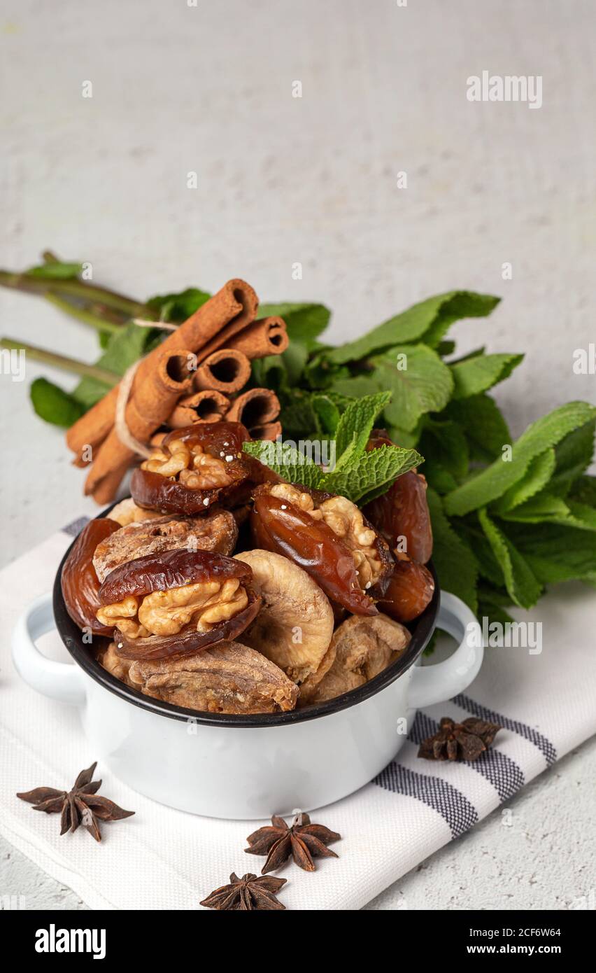 Dates fruits with walnut sand dried figs, mint and cinnamon muslim ...