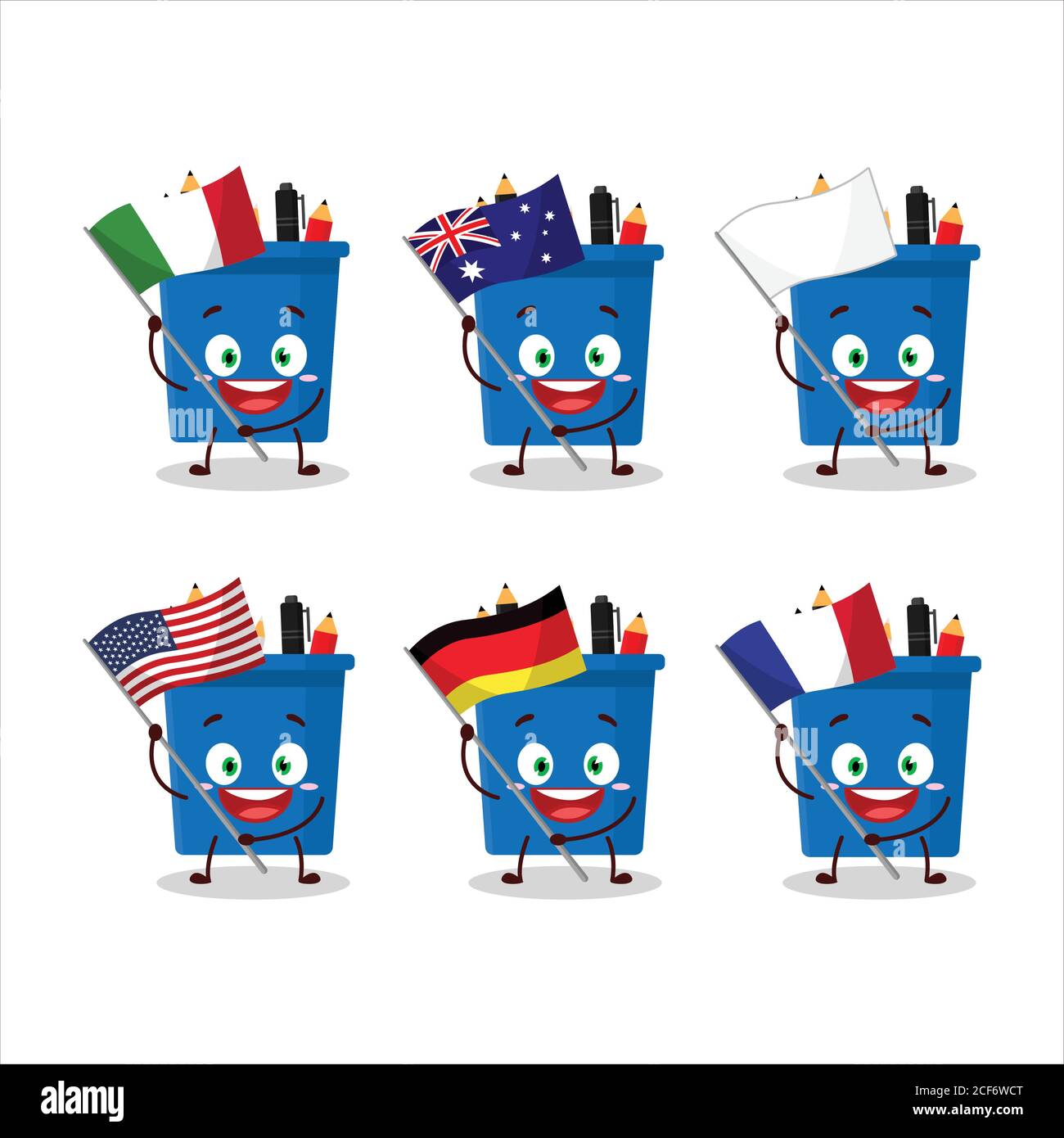 Office Pencil Stand Cartoon Character Bring The Flags Of Various