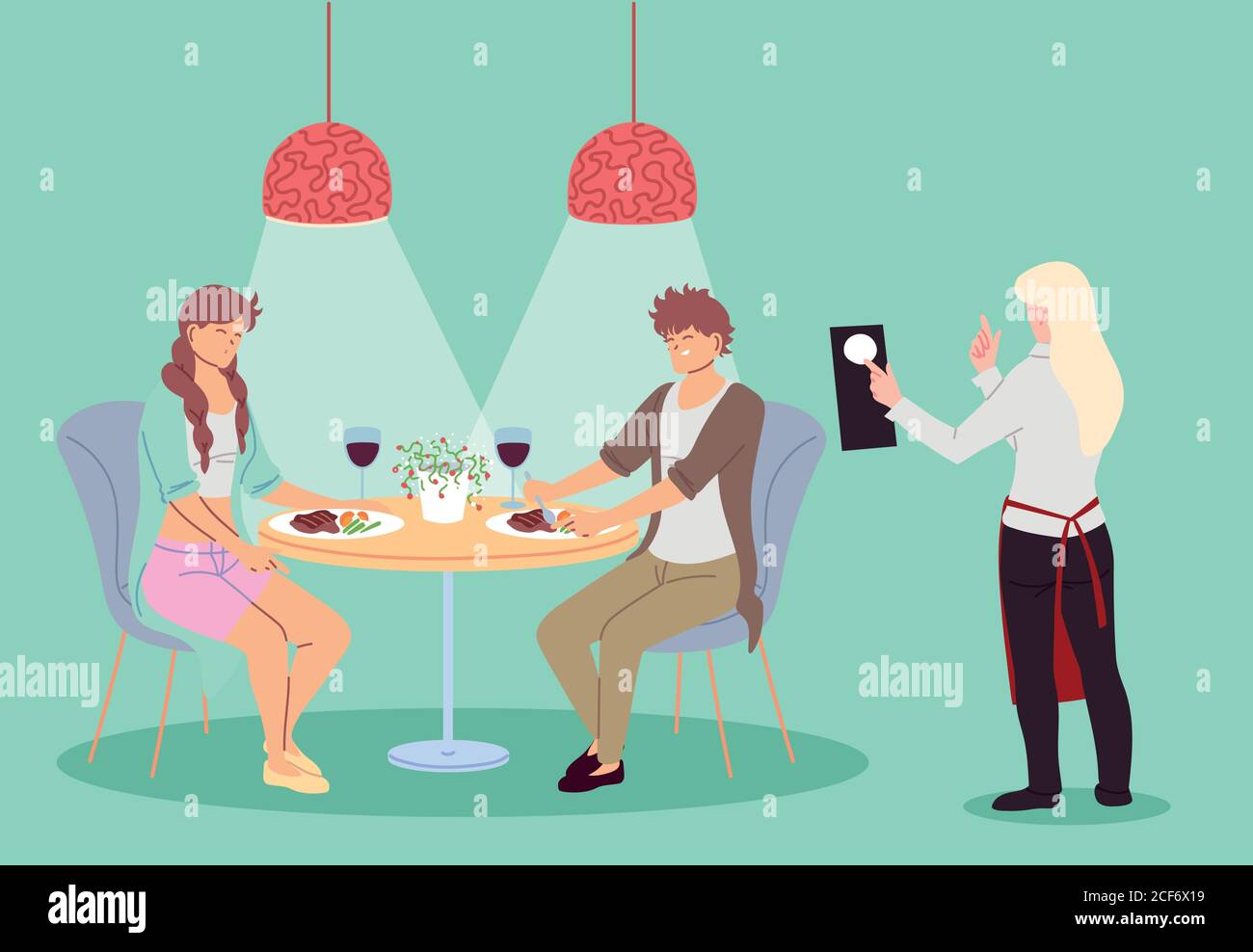 Couple in restaurant having dinner and waitress taking the order vector ...