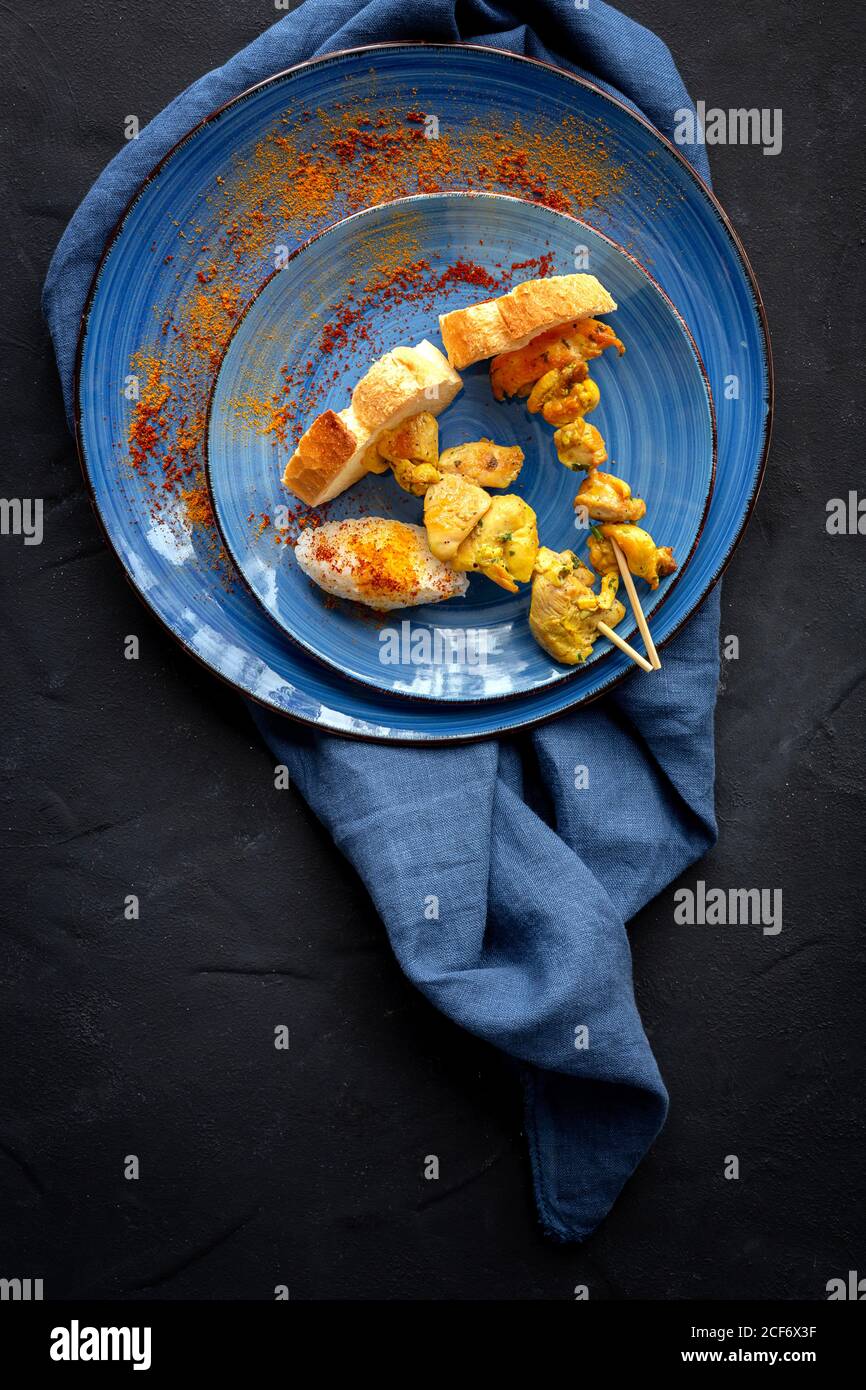 Homemade Moorish skewers with rice of meat with spices. Typical ...