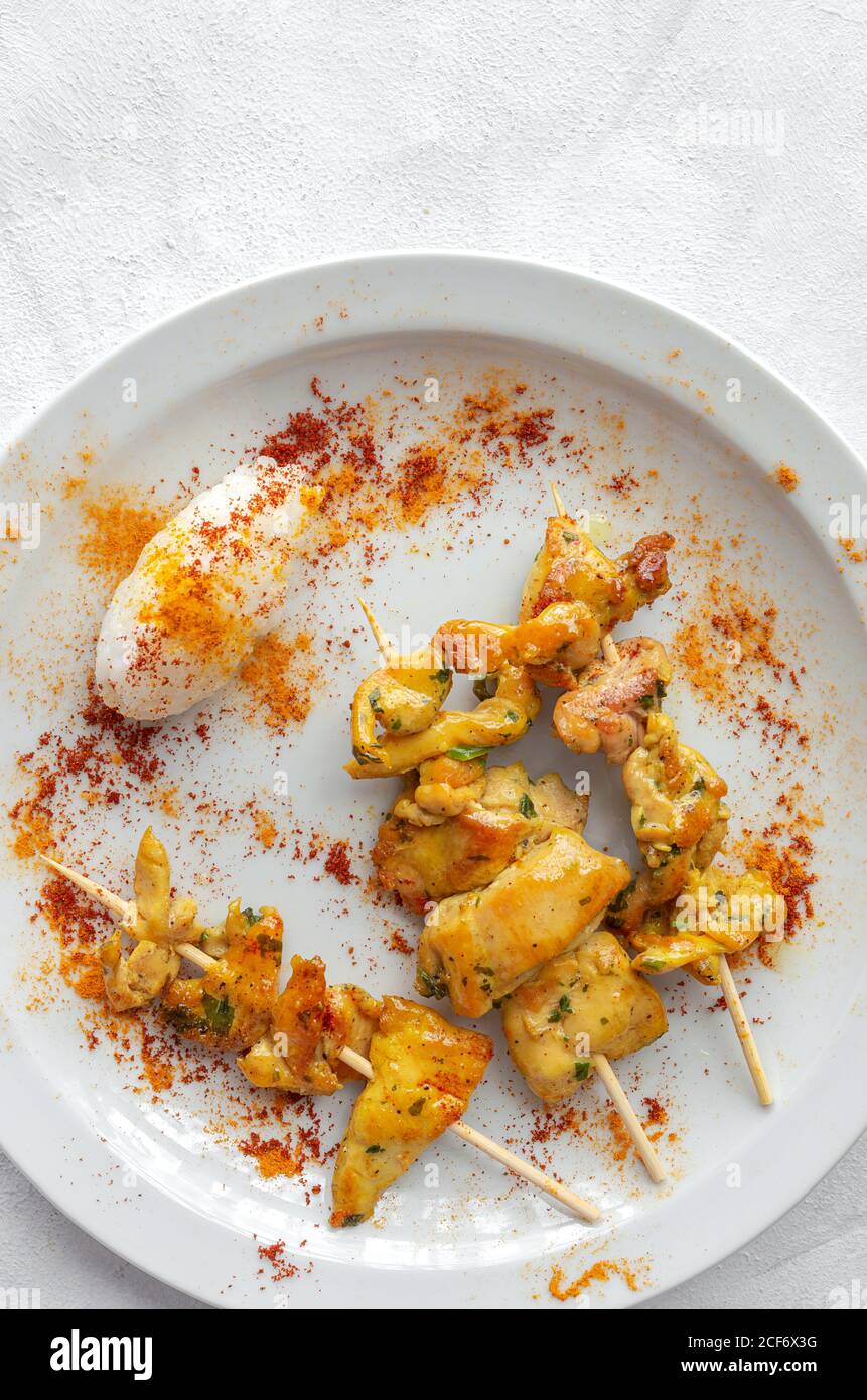 Homemade Moorish skewers with rice of meat with spices. Typical ...