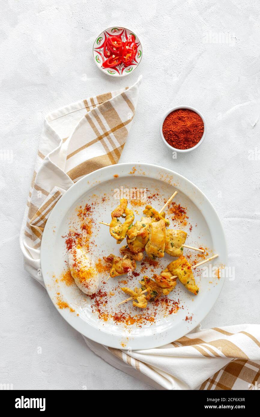 Homemade Moorish skewers with rice of meat with spices. Typical ...