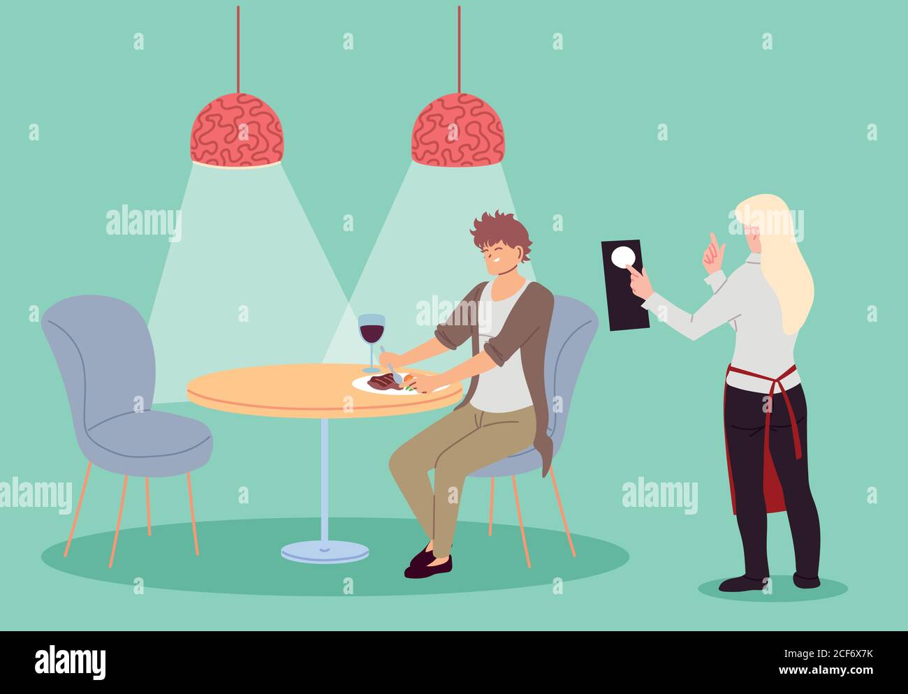 man in restaurant and waitress in uniform taking the order vector ...