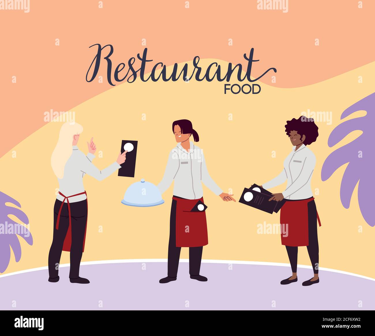 team of waiters with uniform and menus to take the order vector ...