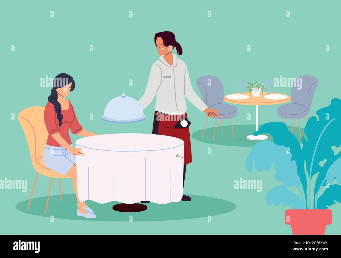 Woman in restaurant and waiter in uniform taking the order vector ...